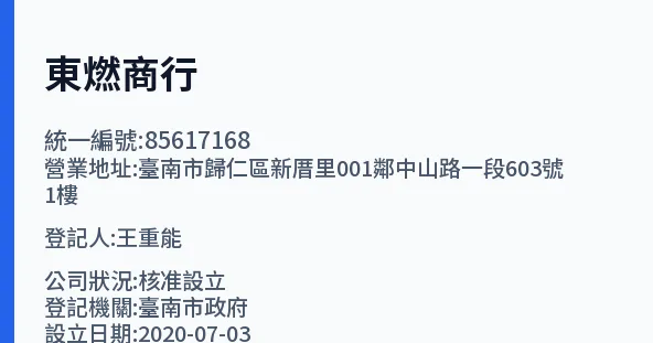 東燃商行的照片-統編 85617168(臺南市) 公司登記資料與營業項目詳細圖表
