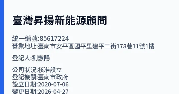 臺灣昇揚新能源顧問的照片-統編 85617224(臺南市) 公司登記資料與營業項目詳細圖表