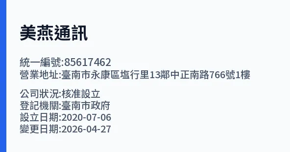 美燕通訊的照片-統編 85617462(臺南市) 公司登記資料與營業項目詳細圖表