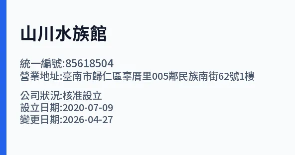 山川水族館的照片-統編 85618504(臺南市) 公司登記資料與營業項目詳細圖表