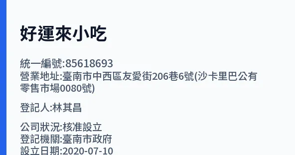 好運來小吃的照片-統編 85618693(臺南市) 公司登記資料與營業項目詳細圖表