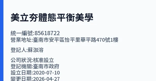 美立夯體態平衡美學的照片-統編 85618722(臺南市) 公司登記資料與營業項目詳細圖表
