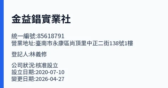 金益錩實業社的照片-統編 85618791(臺南市) 公司登記資料與營業項目詳細圖表
