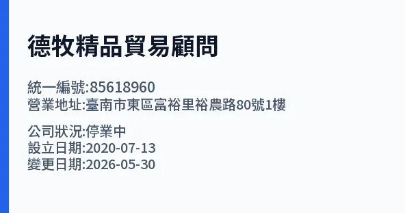 德牧精品貿易顧問的照片-統編 85618960(臺南市) 公司登記資料與營業項目詳細圖表