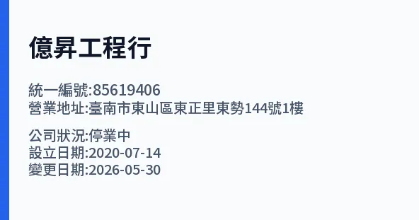 億昇工程行的照片-統編 85619406(臺南市) 公司登記資料與營業項目詳細圖表