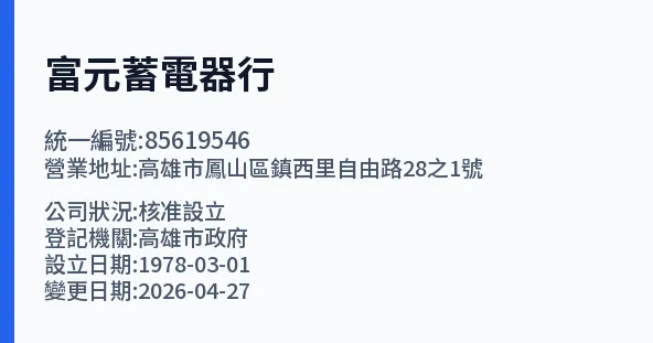 富元蓄電器行的照片-統編 85619546(高雄市) 公司登記資料與營業項目詳細圖表