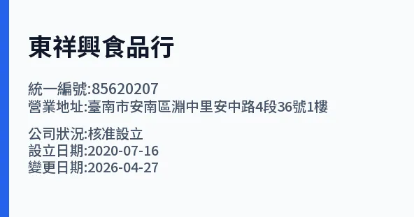 東祥興食品行的照片-統編 85620207(臺南市) 公司登記資料與營業項目詳細圖表
