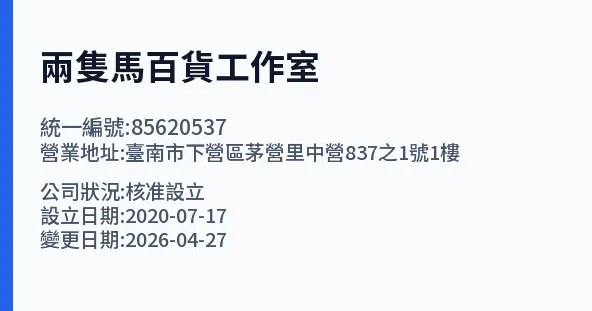 兩隻馬百貨工作室的照片-統編 85620537(臺南市) 公司登記資料與營業項目詳細圖表