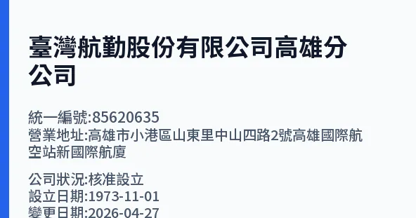 臺灣航勤股份有限公司高雄分公司的照片-統編 85620635(高雄市) 公司登記資料與營業項目詳細圖表