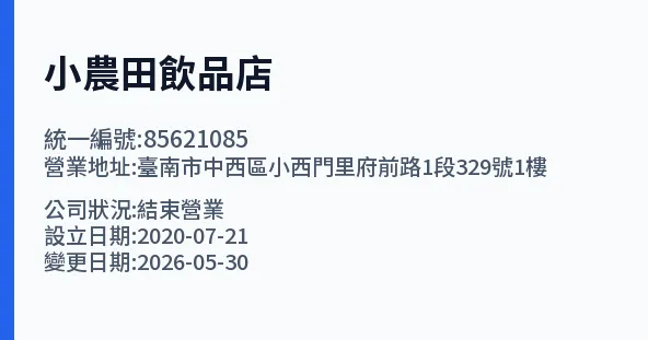 小農田飲品店的照片-統編 85621085(臺南市) 公司登記資料與營業項目詳細圖表