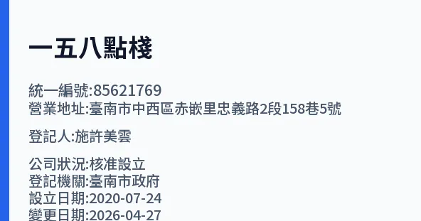 一五八點棧的照片-統編 85621769(臺南市) 公司登記資料與營業項目詳細圖表
