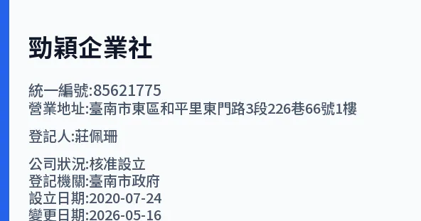 勁穎企業社的照片-統編 85621775(臺南市) 公司登記資料與營業項目詳細圖表