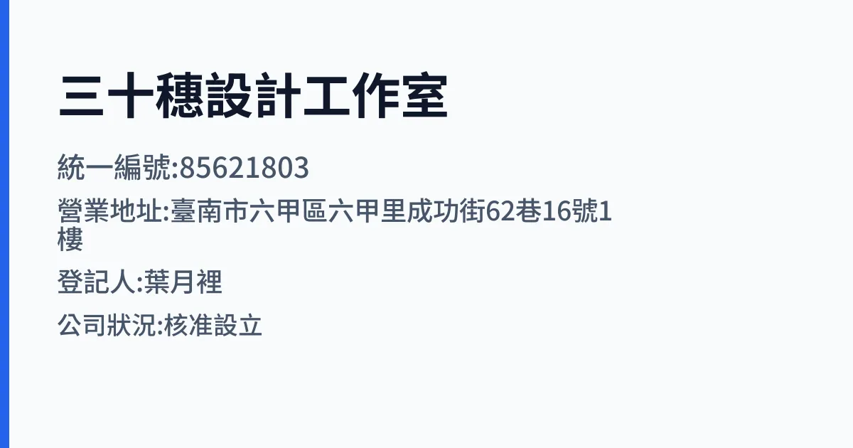 三十穗設計工作室 - 統編 85621803（臺南市） 公司登記資料與營業項目詳細圖表