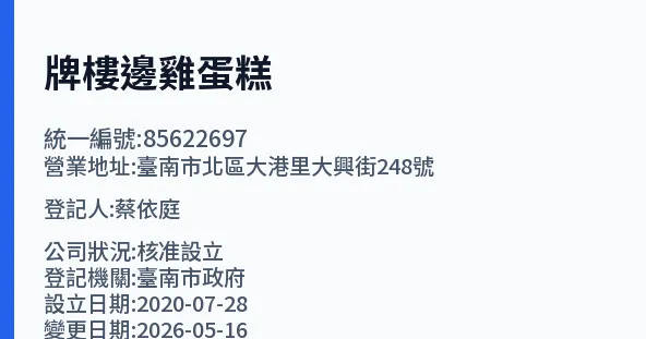 牌樓邊雞蛋糕的照片-統編 85622697(臺南市) 公司登記資料與營業項目詳細圖表