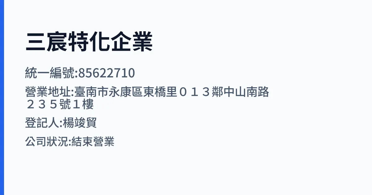 三宸特化企業 - 統編 85622710（臺南市） 公司登記資料與營業項目詳細圖表