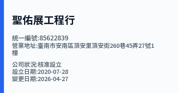 聖佑展工程行的照片-統編 85622839(臺南市) 公司登記資料與營業項目詳細圖表