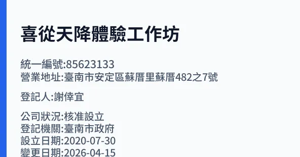 喜從天降體驗工作坊的照片-統編 85623133(臺南市) 公司登記資料與營業項目詳細圖表