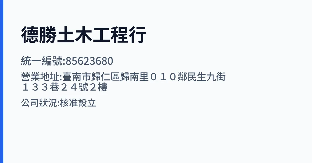 德勝土木工程行 - 統編 85623680(臺南市) 公司登記資料與營業項目詳細圖表