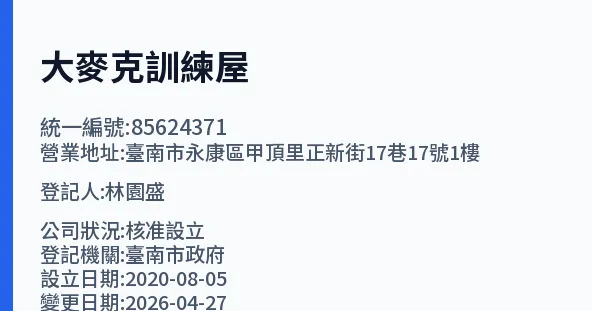 大麥克訓練屋的照片-統編 85624371(臺南市) 公司登記資料與營業項目詳細圖表