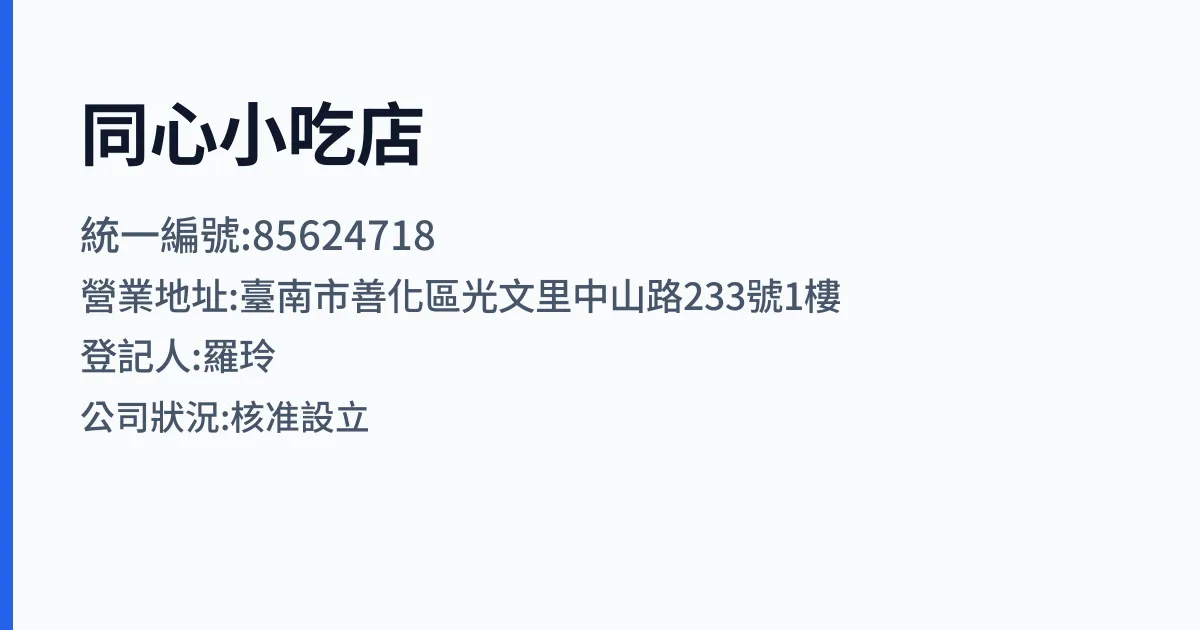 同心小吃店 - 統編 85624718(臺南市) 公司登記資料與營業項目詳細圖表