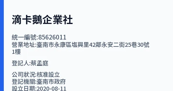 滴卡鵝企業社的照片-統編 85626011(臺南市) 公司登記資料與營業項目詳細圖表