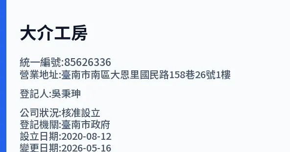 大介工房的照片-統編 85626336(臺南市) 公司登記資料與營業項目詳細圖表