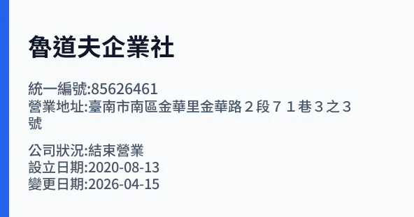 魯道夫企業社的照片-統編 85626461(臺南市) 公司登記資料與營業項目詳細圖表