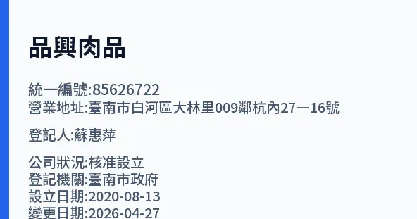 品興肉品的照片-統編 85626722(臺南市) 公司登記資料與營業項目詳細圖表