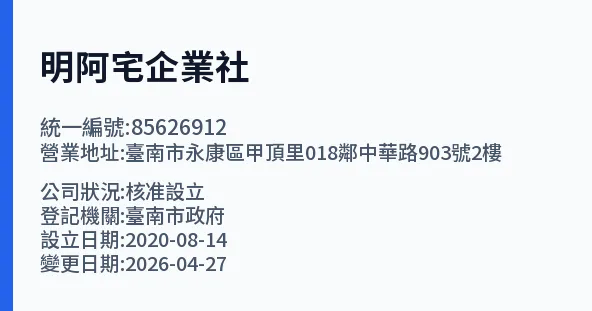 明阿宅企業社的照片-統編 85626912(臺南市) 公司登記資料與營業項目詳細圖表