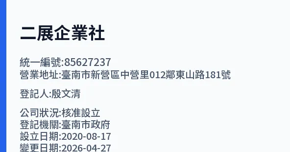 二展企業社的照片-統編 85627237(臺南市) 公司登記資料與營業項目詳細圖表