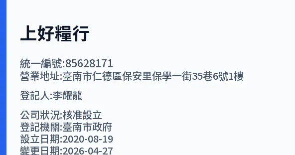 上好糧行的照片-統編 85628171(臺南市) 公司登記資料與營業項目詳細圖表