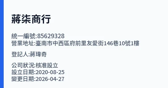 蔣柒商行的照片-統編 85629328(臺南市) 公司登記資料與營業項目詳細圖表
