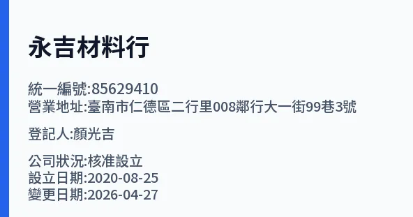 永吉材料行的照片-統編 85629410(臺南市) 公司登記資料與營業項目詳細圖表