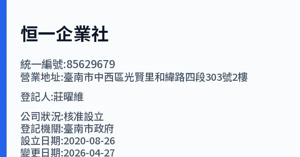 恒一企業社的照片-統編 85629679(臺南市) 公司登記資料與營業項目詳細圖表
