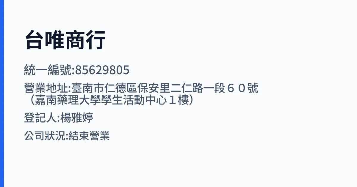 台唯商行 - 統編 85629805(臺南市) 公司登記資料與營業項目詳細圖表