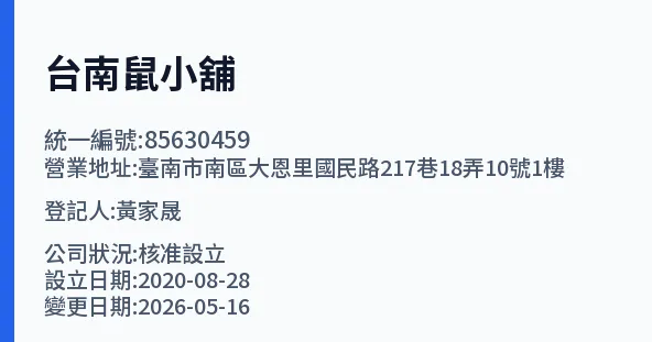 台南鼠小舖的照片-統編 85630459(臺南市) 公司登記資料與營業項目詳細圖表
