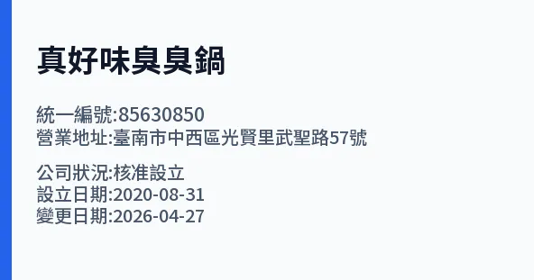 真好味臭臭鍋的照片-統編 85630850(臺南市) 公司登記資料與營業項目詳細圖表