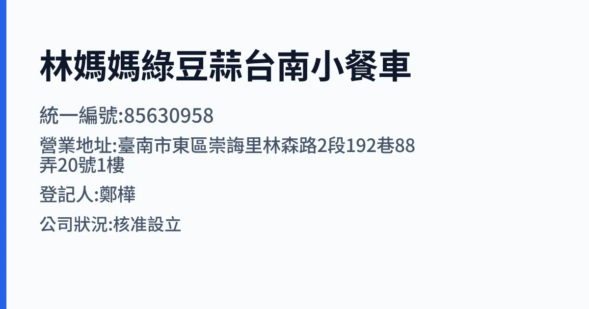 林媽媽綠豆蒜台南小餐車 - 統編 85630958(臺南市) 公司登記資料與營業項目詳細圖表