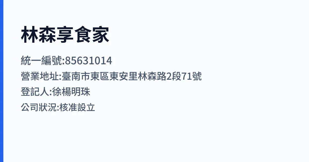 林森享食家 - 統編 85631014(臺南市) 公司登記資料與營業項目詳細圖表