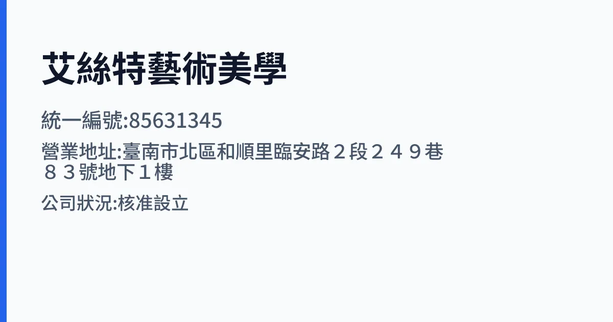 艾絲特藝術美學 - 統編 85631345(臺南市) 公司登記資料與營業項目詳細圖表