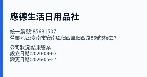 應德生活日用品社的照片-統編 85631507(臺南市) 公司登記資料與營業項目詳細圖表