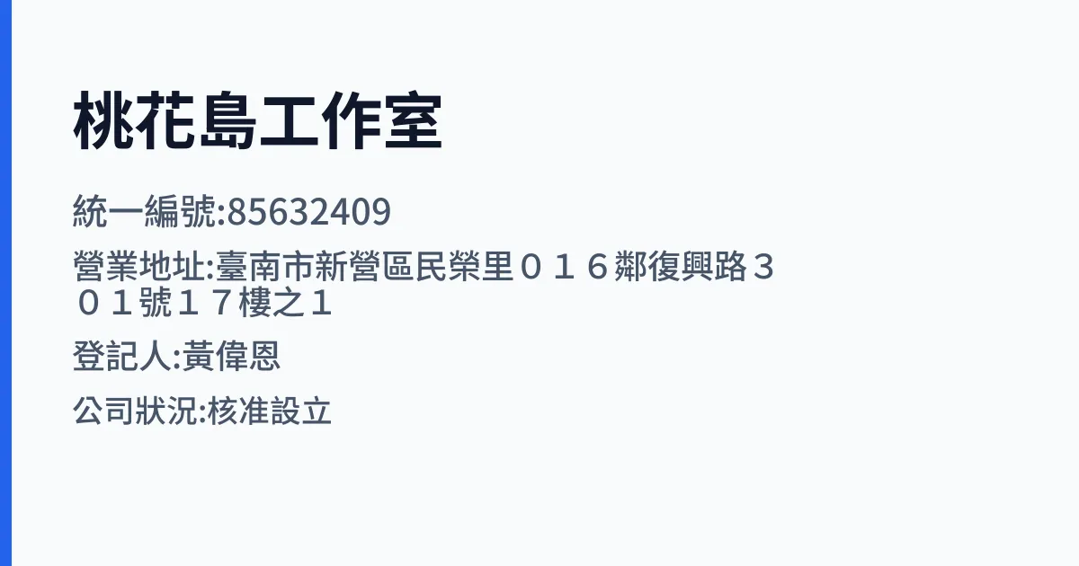 桃花島工作室 - 統編 85632409(臺南市) 公司登記資料與營業項目詳細圖表