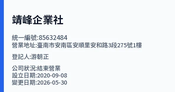 靖峰企業社的照片-統編 85632484(臺南市) 公司登記資料與營業項目詳細圖表