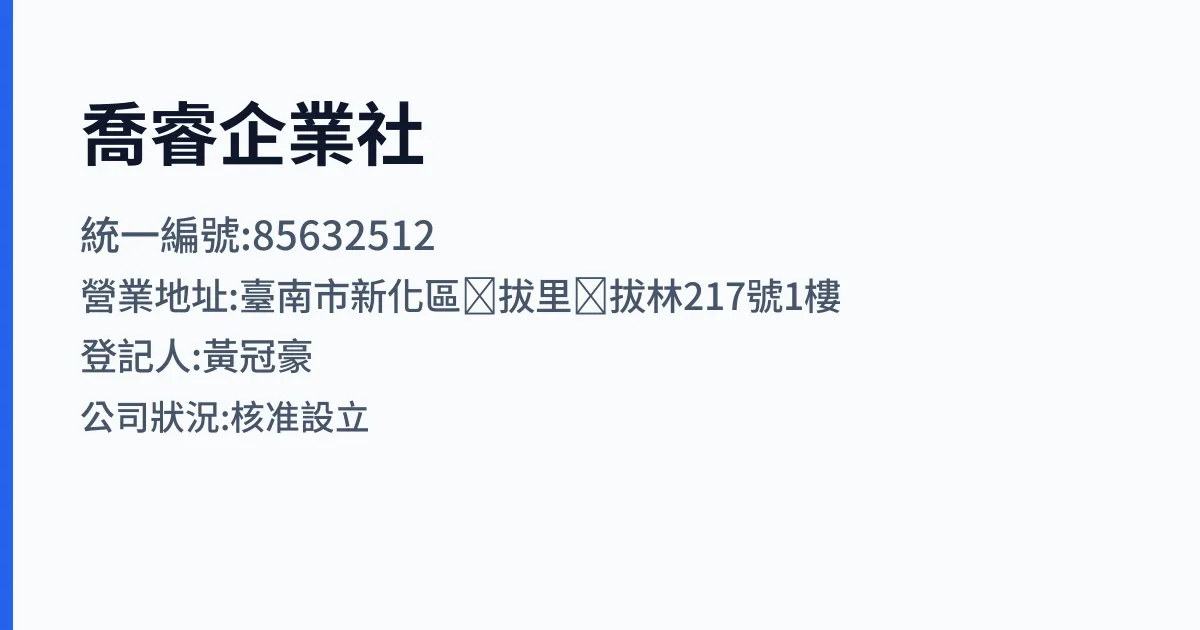 喬睿企業社 - 統編 85632512(臺南市) 公司登記資料與營業項目詳細圖表