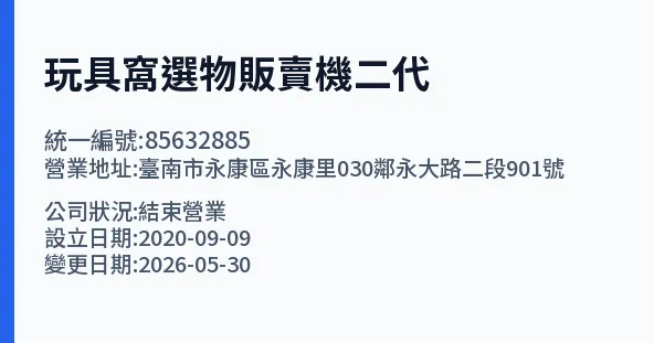 玩具窩選物販賣機二代的照片-統編 85632885(臺南市) 公司登記資料與營業項目詳細圖表