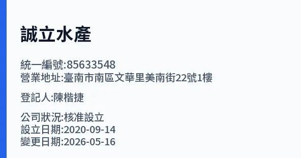 誠立水產的照片-統編 85633548(臺南市) 公司登記資料與營業項目詳細圖表