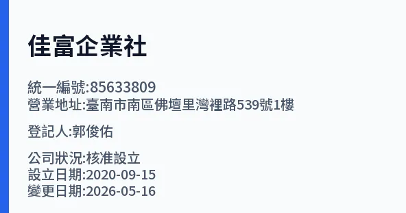 佳富企業社的照片-統編 85633809(臺南市) 公司登記資料與營業項目詳細圖表