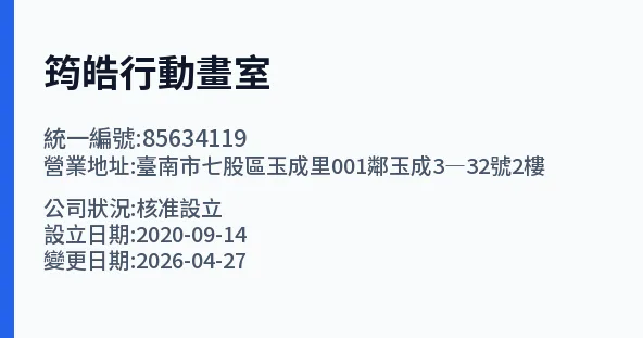 筠皓行動畫室的照片-統編 85634119(臺南市) 公司登記資料與營業項目詳細圖表