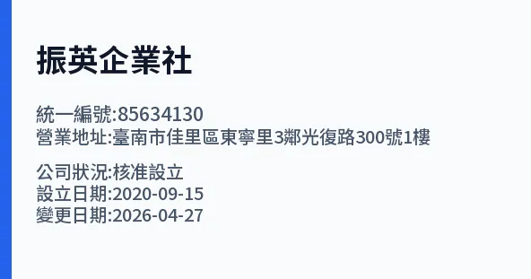 振英企業社的照片-統編 85634130(臺南市) 公司登記資料與營業項目詳細圖表