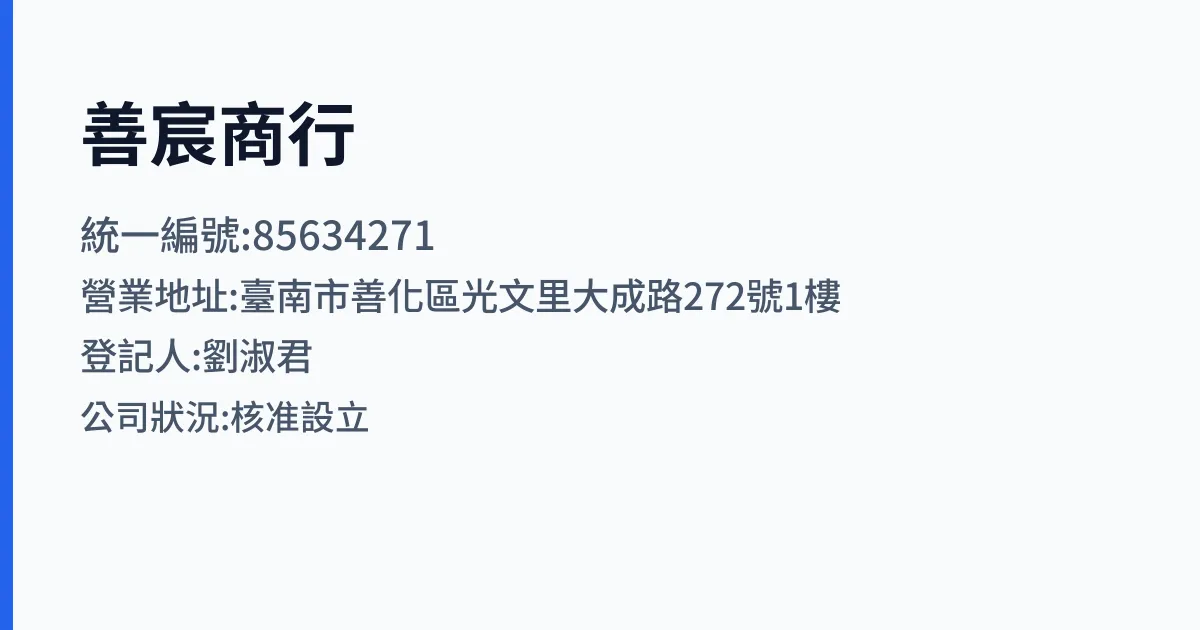 善宸商行 - 統編 85634271(臺南市) 公司登記資料與營業項目詳細圖表